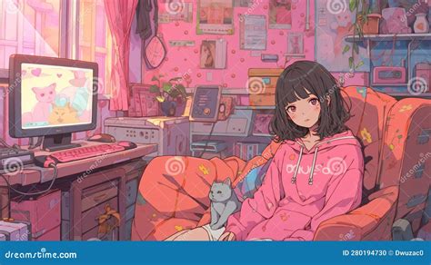 Cute Lofi Girl In A Room Illustration Anime Manga Style Wallpaper