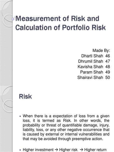 Measurement Of Risk And Calculation Of Portfolio Risk Pdf