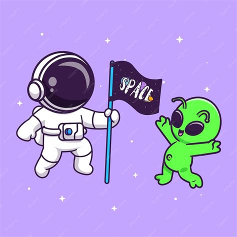 Premium Vector Cute Astronaut And Alien Playing With Flag In Space