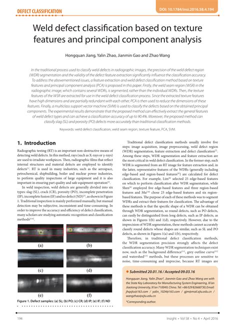 Pdf Weld Defect Classification Based On Texture Features And