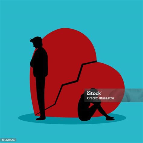 깨진 심장 개념 벡터 일러스트 평면 디자인에 빨간 상한 마음을 가진 슬픈 남자와 여자 나쁜 발렌타인 데이 이별 또는 이혼 한