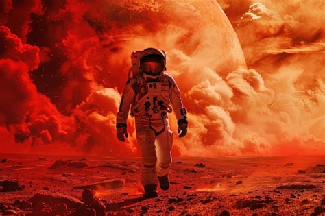 Astronaut Exploring Alien Red Planet Landscape Premium Ai Generated Image