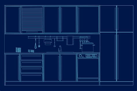 선형 스타일의 가구가 있는 현대적인 주방 인테리어 건축 스케치 식기 도구 장비 및 가전 제품이있는 식당 파란색 등고선 앞 모습 벡터 일러스트 레이 션 Home Front에