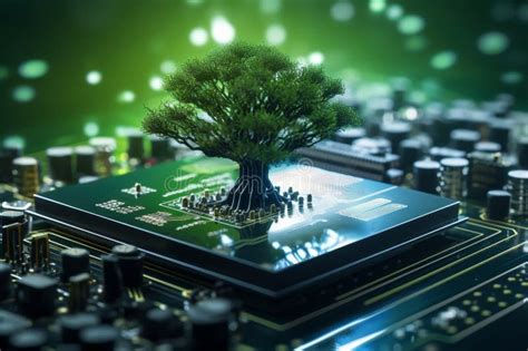 Tree Growing On The Converging Point Of Computer Circuit Board Green