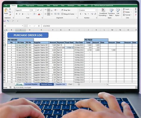 Account Payable Excel Editable Template Purchase Order Log Payment Terms Supplier List Chart
