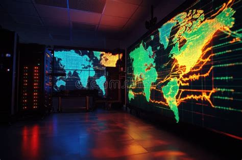 Global Network Data Visualization In A High Tech Control Room At Night