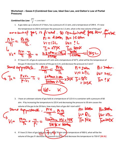 Worksheet Combined Gas Law And Ideal Gas Law