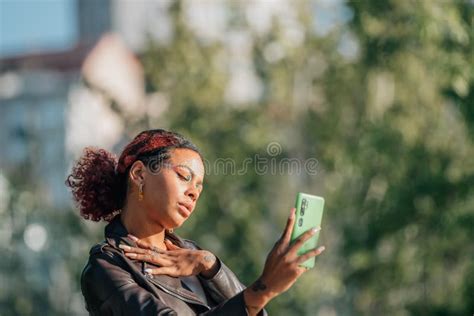 Black Latin American Girl Outdoors Taking Photo Stock Image Image Of