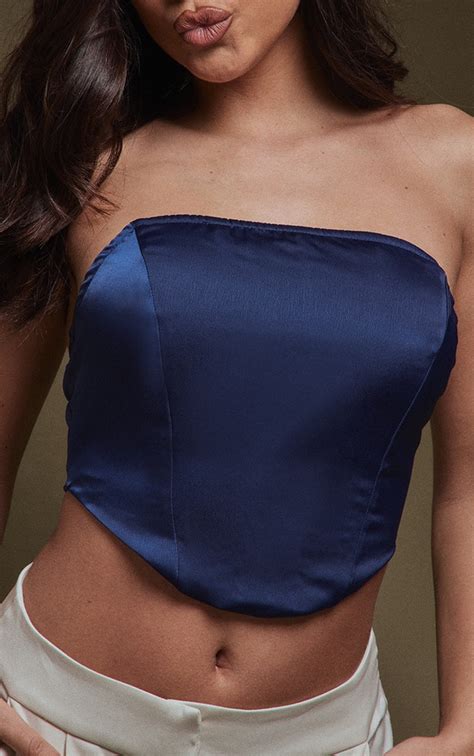 Navy Sculpt Satin Strapless Boned Corset Tops Prettylittlething Usa