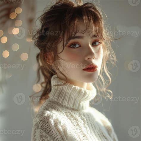 Young Cute Asian Girl Wearing White Turtleneck Sweater Ai 45359522