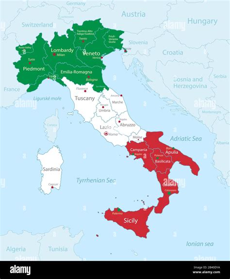 Italy Map In Flag Colors With Neighboring States Administrative