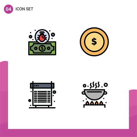 Filledline Flat Color Pack Of 4 Universal Symbols Of Dollar Heat Coin Computer Cook Editable