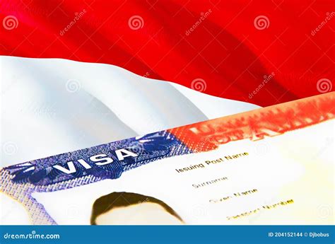 Monaco Immigration Document Close Up Passport Visa On Monaco Flag