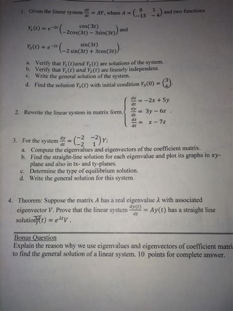 solved given the linear system dy dt ay where a 0 1