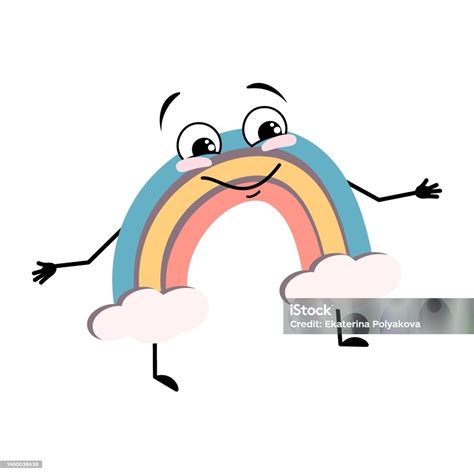 행복한 감정 즐거운 얼굴 미소 눈 팔과 다리를 가진 귀여운 무지개 캐릭터 재미있는 표정과 포즈를 가진 사람 벡터 플랫 일러스트