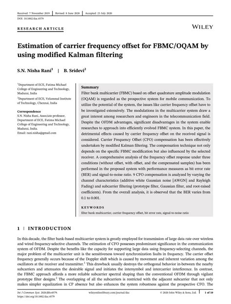 Estimation Of Carrier Frequency Offset For FBMC OQAM By Using Modified Kalman Filtering