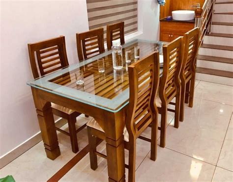 6 Seater Glass Top Wooden Dining Table Set At 42000 Set In