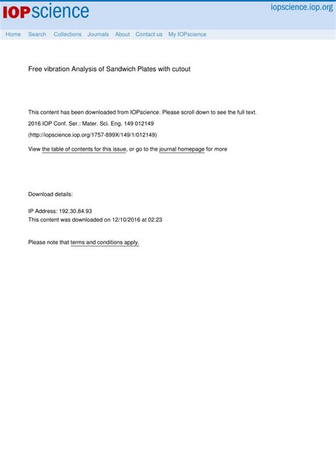 Pdf Free Vibration Analysis Of Sandwich Plates With Cutout