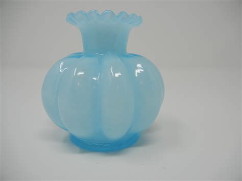 Fenton Blue Overlay Melon Pattern Perfume Bottle Or Squat Candleholder