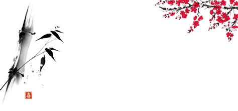 심플한 미니멀한 스타일로 대나무와 벚꽃이 피는 잉크 페인팅 전통적인 동양 잉크 페인팅 스미e U죄 고화 상형 문자의 번역 기쁨 필기용 잉크에 대한 스톡 벡터 아트 및 기타