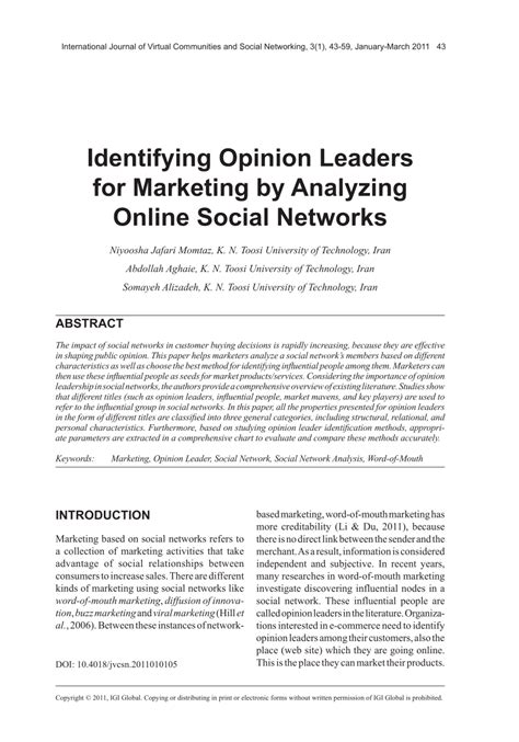 Pdf Identifying Opinion Leaders For Marketing By Analyzing Online