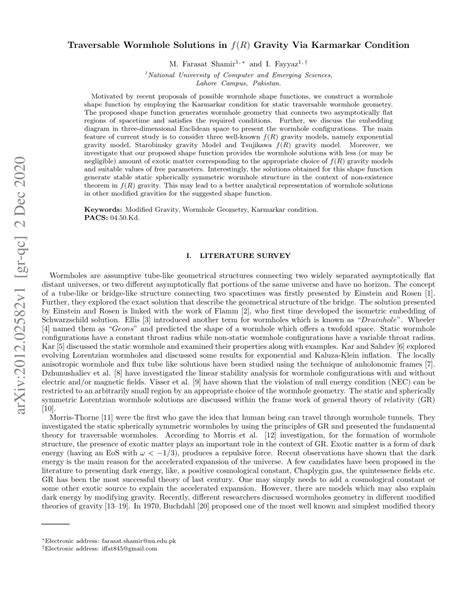 Pdf Traversable Wormhole Solutions In Fr Gravity Via Karmarkar Condition