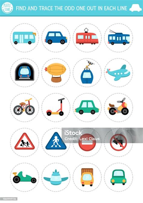 이상한 것을 찾으십시오 아이들을 위한 교통 논리 활동 주의력을 위한 항공 육상 대중 교통 교육 퀴즈 워크시트 자동차 버스 비행기 도로 표지판 지하철로 인쇄 가능한 게임 0