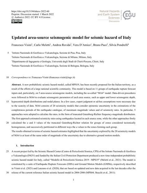 Pdf Updated Area Source Seismogenic Model For Seismic Hazard Of Italy