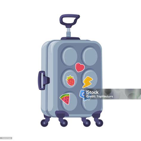 회색 여행 가방과 손잡이와 바퀴는 여행 벡터 삽화를 위한 포장된 수하물로 가방에 대한 스톡 벡터 아트 및 기타 이미지 가방