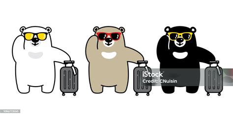 곰은 북극곰 선글라스 여행 가방 여행자 공기 포트 만화 캐릭터 아이콘 로고 절연 일러스트 벡터 북극곰에 대한 스톡 벡터 아트 및