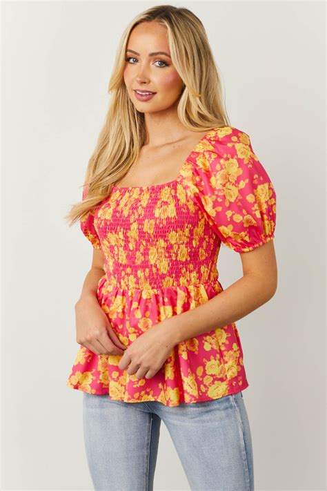 Pink Floral Puff Sleeve Smocked Peplum Top Lime Lush Boutique