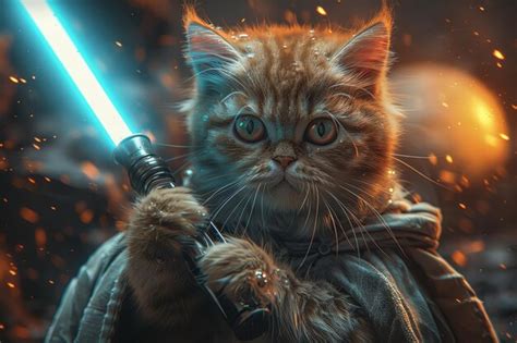 Cat Holding A Light Saber Illustration Premium Ai Generated Image