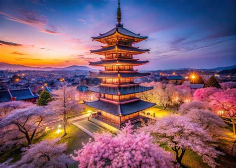 A Majestic Kyoto Nightfall Aerial Drone Shot Of The Fivestory Pagoda At