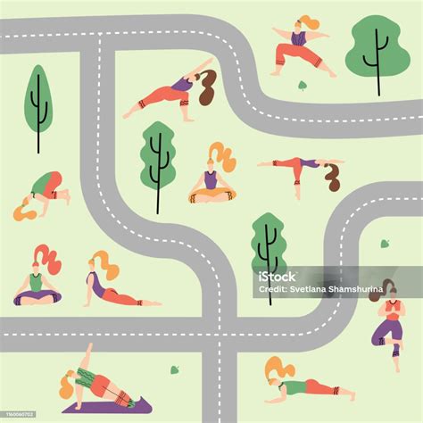 공원 벡터 플랫 일러스트에 있는 사람들 여성은 공원에서 산책하고 스포츠 요가 및 신체 운동을합니다 여름 공원 배경 레저 아웃도어 액티비티를 하는 공원내 다양한 사람 거리에