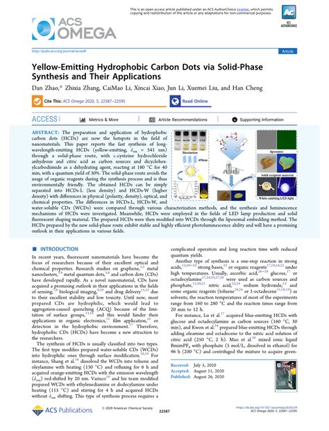 Pdf Yellow Emitting Hydrophobic Carbon Dots Via Solid Phase Synthesis And Their Applications