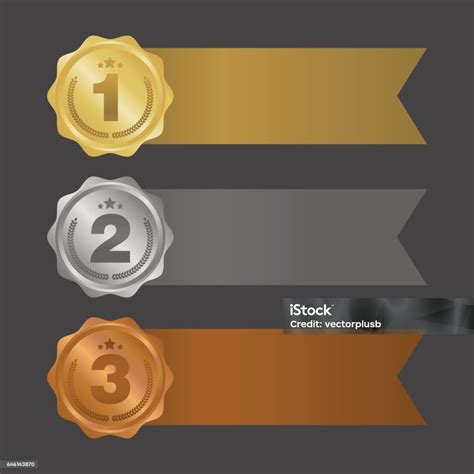 골드 실버 및 브론즈 리본입니다 금속 배지 벡터 일러스트 레이 션 0명에 대한 스톡 벡터 아트 및 기타 이미지 0명 갈색