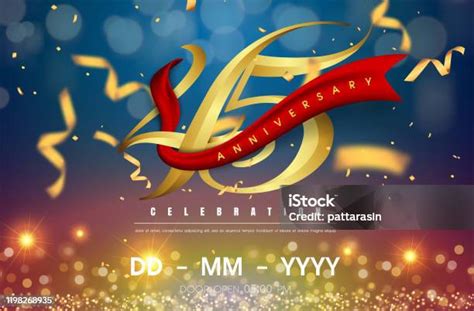 금과 파란색 배경에 45 주년 기념 로고 템플릿 빨간색 리본 벡터와 색종이 고립 된 디자인 요소로 황금 숫자를 축하하는 45 Th 광고에 대한 스톡 벡터 아트 및 기타