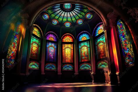 The Majestic Interior Of An Old Hall With Large Stained Glass Multi