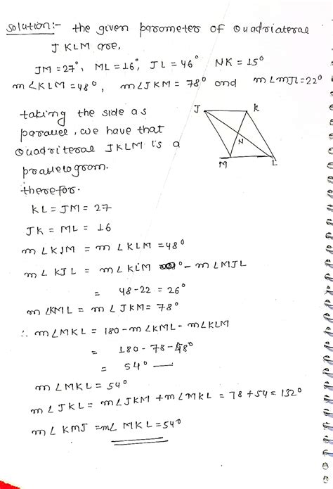 Solved Given Parallelogram JKLM JM 27 ML 16 JL 46 NK 15