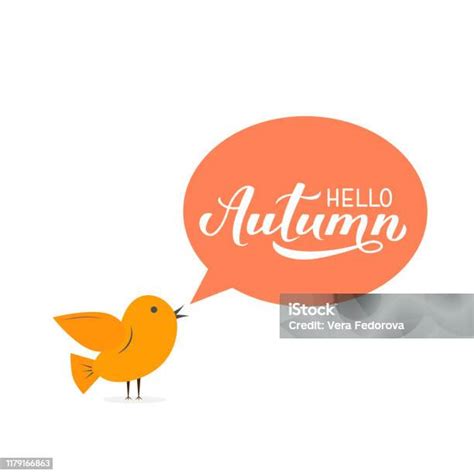 귀여운 만화 새와 연설 거품 안녕하세요 가을 서예 문자 계절 견적 타이포그래피 포스터 배너 전단지 스티커 엽서 머그컵 티셔츠 등을 위한 벡터 템플릿을 쉽게 편집할 수
