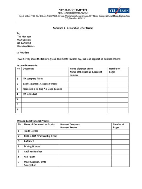 Annexure 1 Declaration Letter Format Yes Bank Limited Pdf Banks