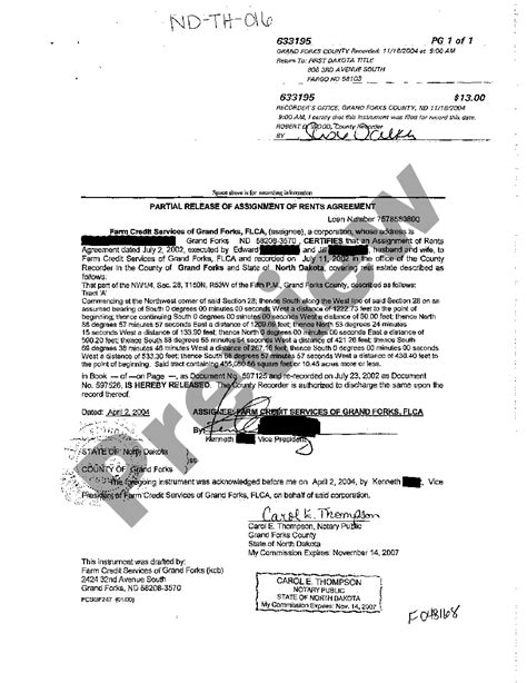 North Dakota Partial Release Of Assignment Of Rents Agreement Us