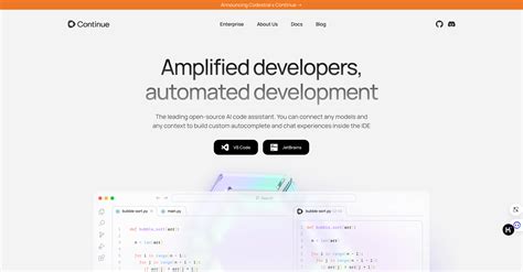 Continue 一款集成ai文本生成模型的vs Code插件的ai 编程助手官网可以帮助开发人员更轻松地利用人工智能技术来生成代码和文档
