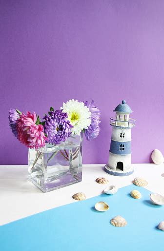 꽃병 Lighouse 보라색 파란색 및 흰색 배경에 바다 껍질에 화려한 Aster 꽃 과꽃에 대한 스톡 사진 및 기타 이미지