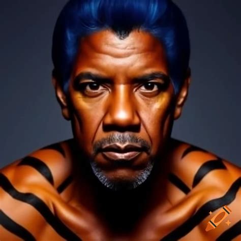 Muscular Man Resembling Denzel Washington With Tiger Makeup Blue Hair Orange Skin And Black