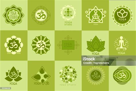 요가 스튜디오 로고 디자인 서식 파일 녹색 엠 블 럼 명상 클래스 스포츠 피트 니스 센터의 컬렉션 벡터 일러스트 레이 션 0명에 대한 스톡 벡터 아트 및 기타 이미지