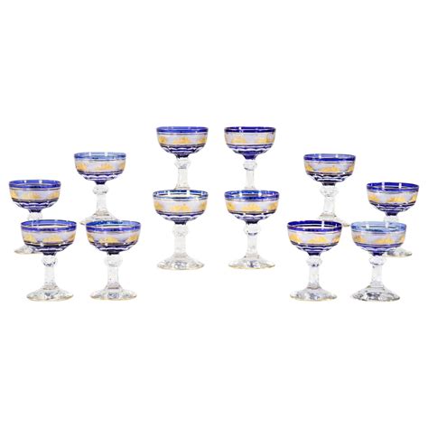 Val Saint Lambert Crystal Goblets Cobalt Blue Overlay Cut To Clear Set