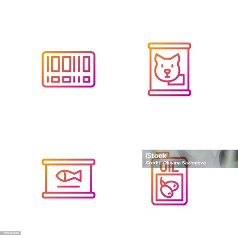 세트 라인 올리브 오일 병 생선 통조림 바코드 및 음식 그라데이션 색상 아이콘 벡터 건강관리와 의술에 대한 스톡 벡터 아트 및 기타 이미지 건강관리와 의술 고기 구매