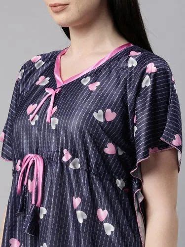 Navy Blue Printed Satin Kaftan Maxi Nightdress At Rs 400piece