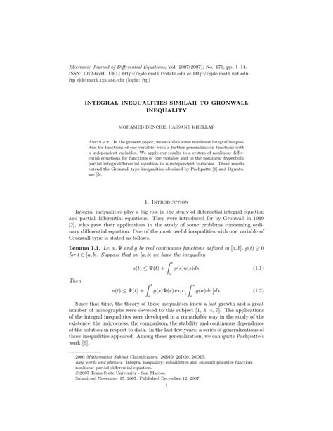 Pdf Integral Inequalities Similar To Gronwall Inequality